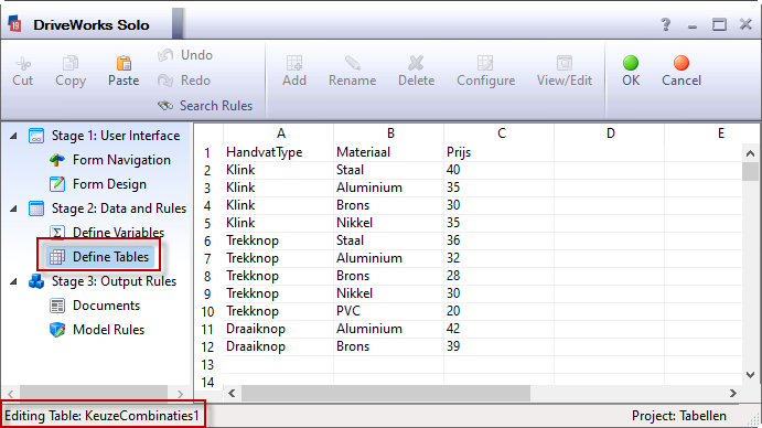 Tabellen gebruiken in DriveWorks Solo of Pro